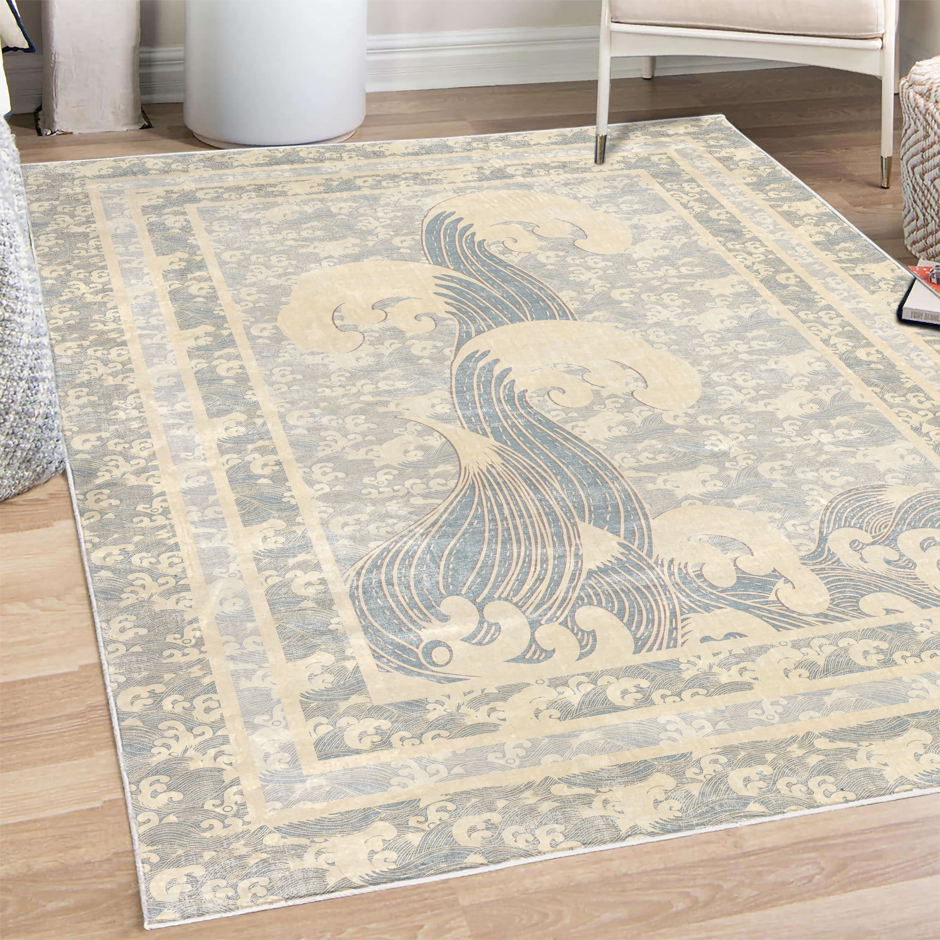 Asian Decorative Rug, Pastel Ethnic Japanese Waves Pattern Curving ...