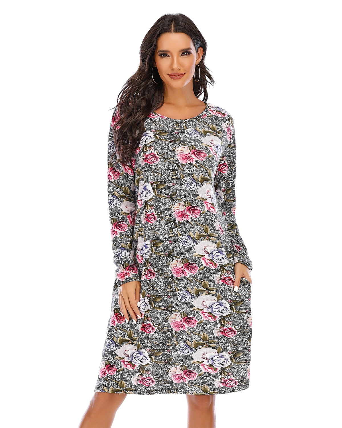 Women's Nightgown long Sleeve Sleepwear Comfy Sleep Shirt Round Neck ...