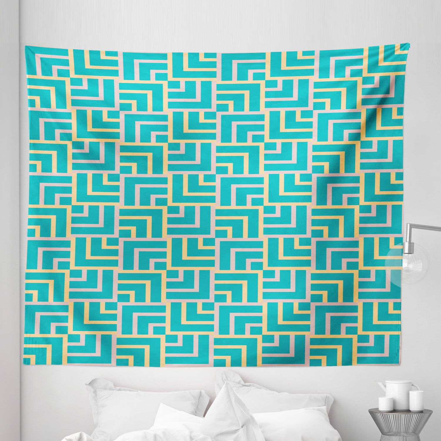 Turquoise Tapestry, Art Deco Style Shapes Like Geometrical Squares with ...