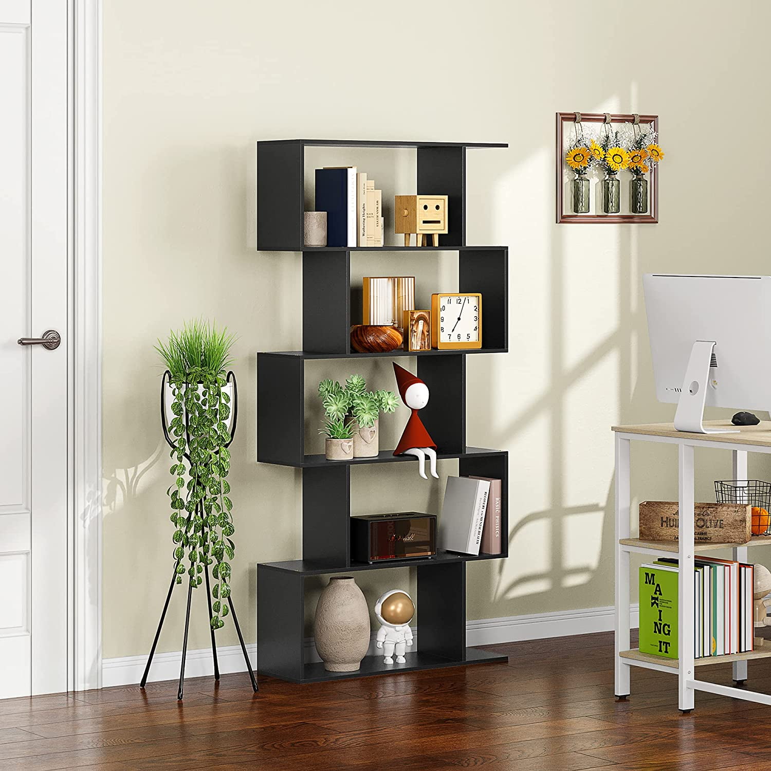 HOMEFORT 5-Tier Wood Bookcase, Modern Geometric, Display HOMEFORT 5-Tier Wood Bookcase, Modern Geometric, Display
