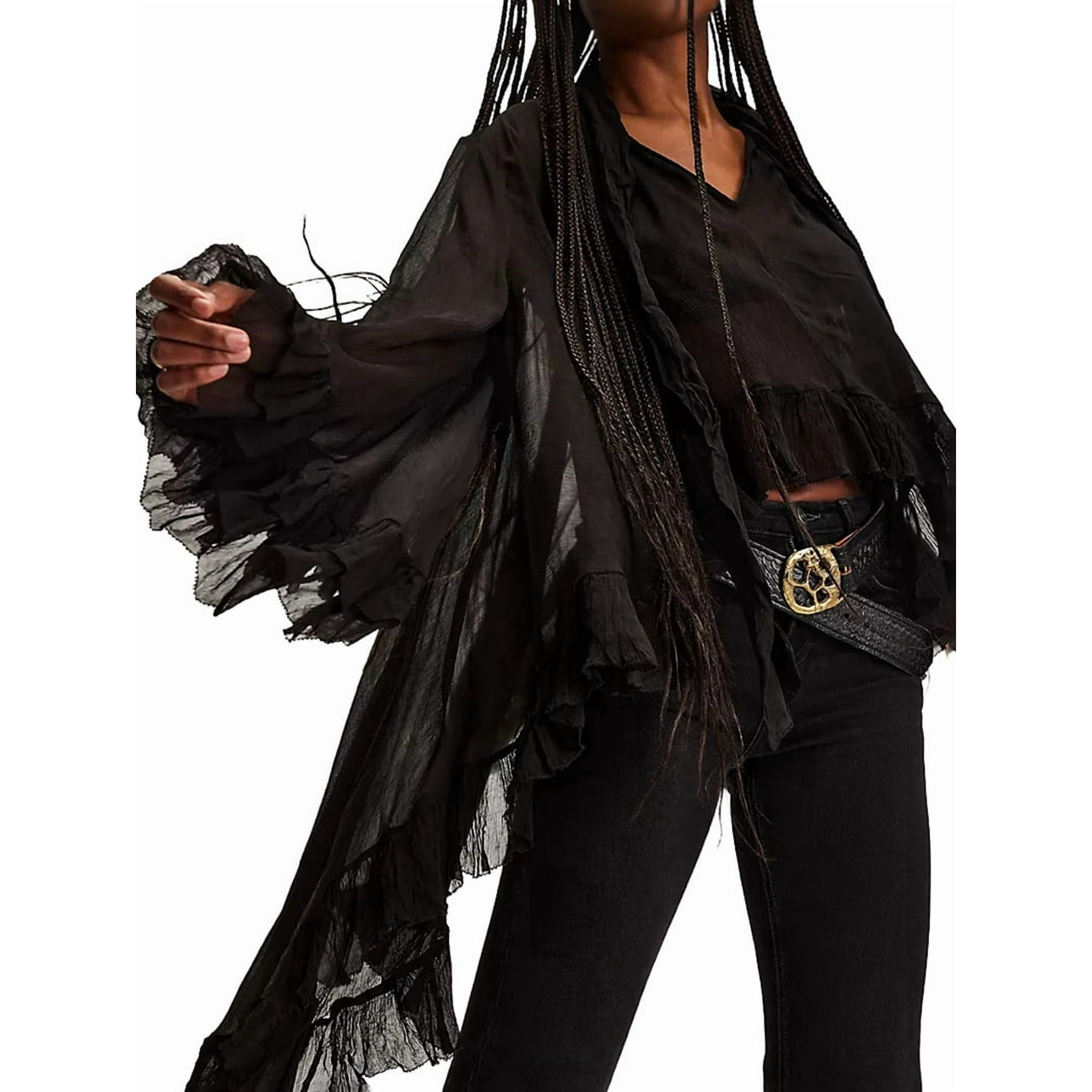 Click here for Unbranded Women Long Bell Sleeve Frill See Through... prices