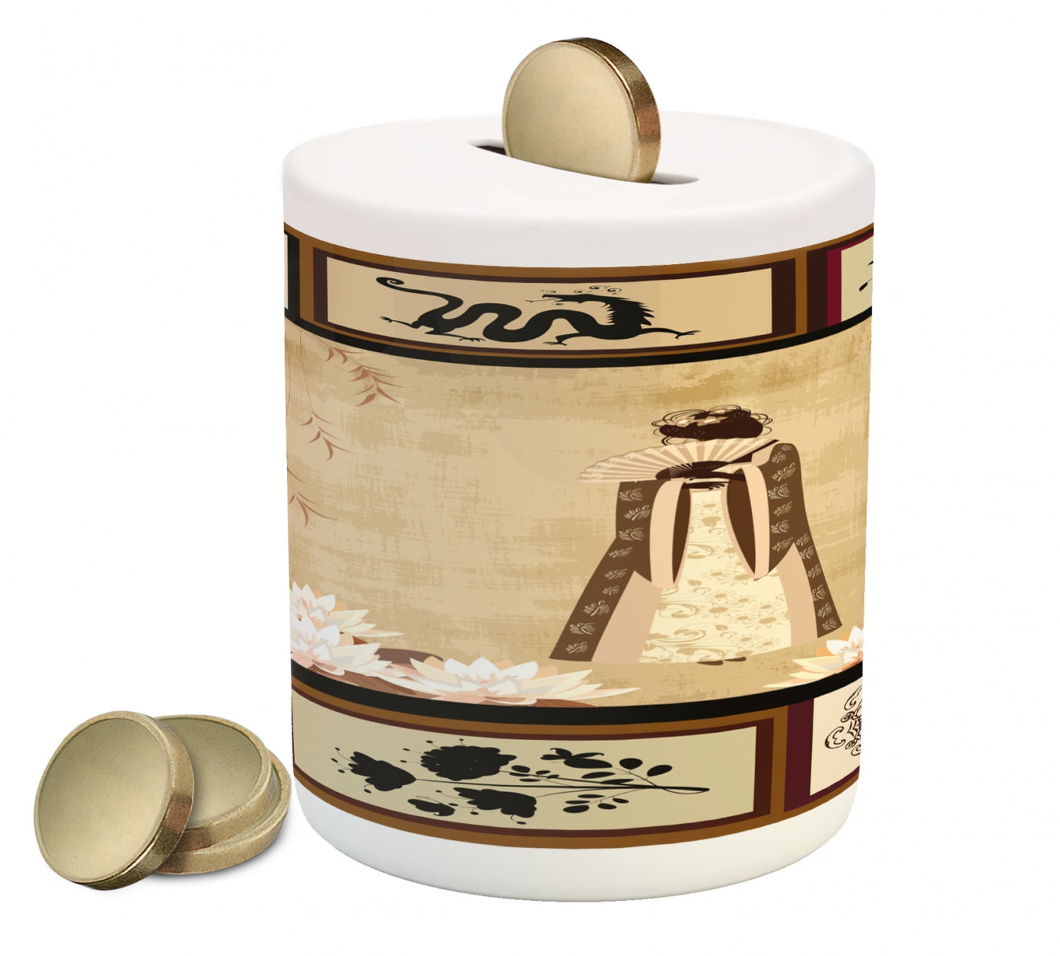 Japanese Piggy Bank, Girl in Traditional Dress and Cultural Patterns ...