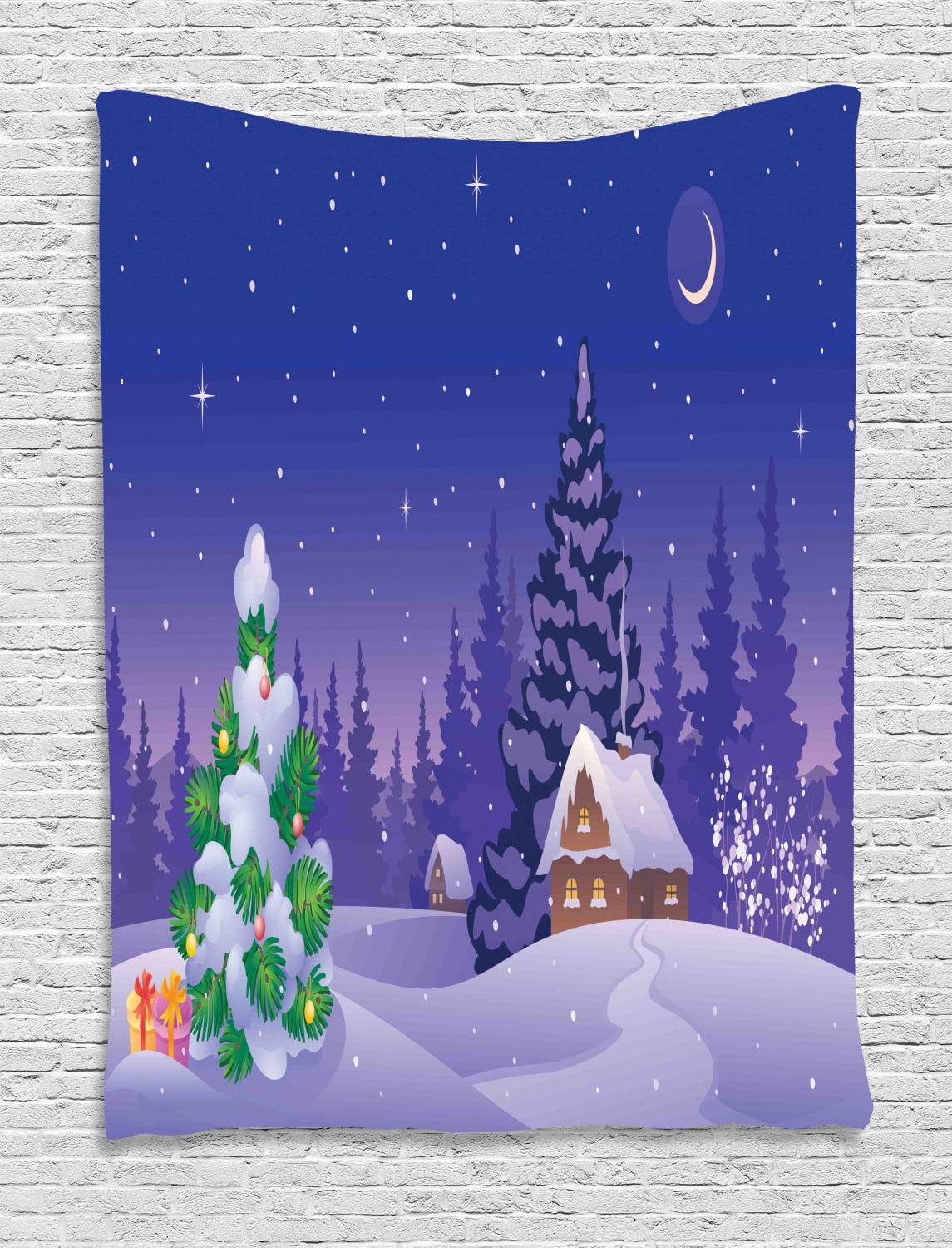 Log Cabin Tapestry, Winter Theme Image of a Rustic Cabin and Firs ...