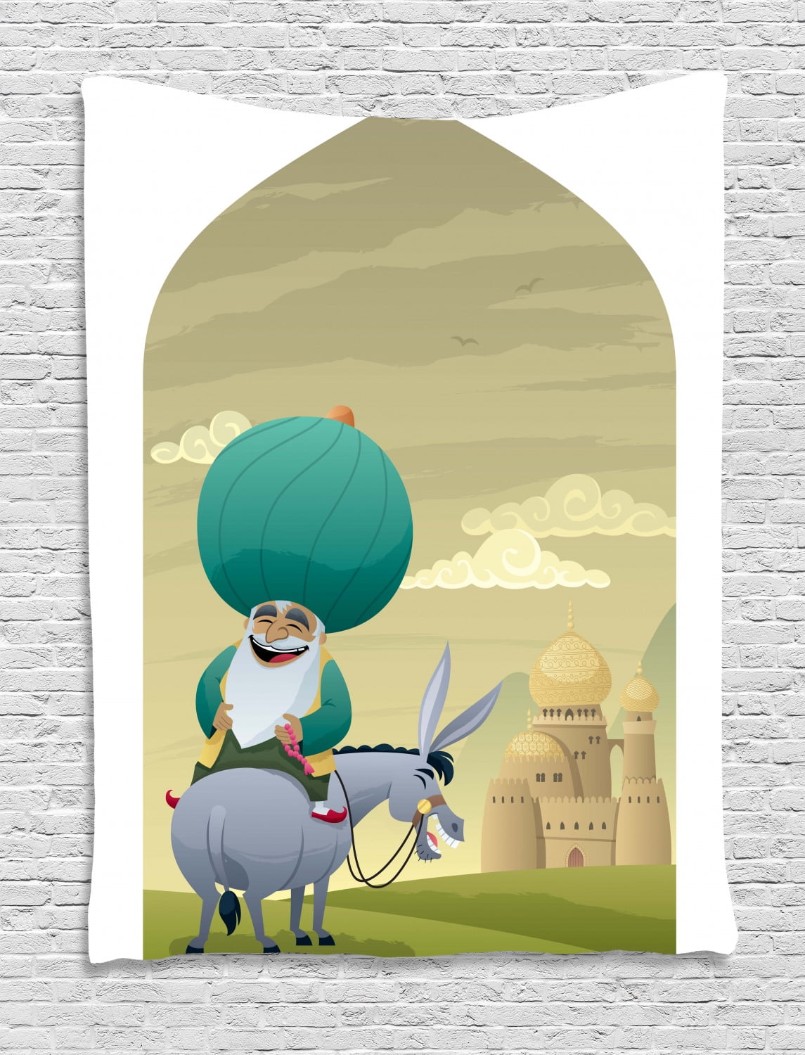 Donkey Tapestry, Cartoon of Nasreddin Hodja Riding the Donkey Backwards ...