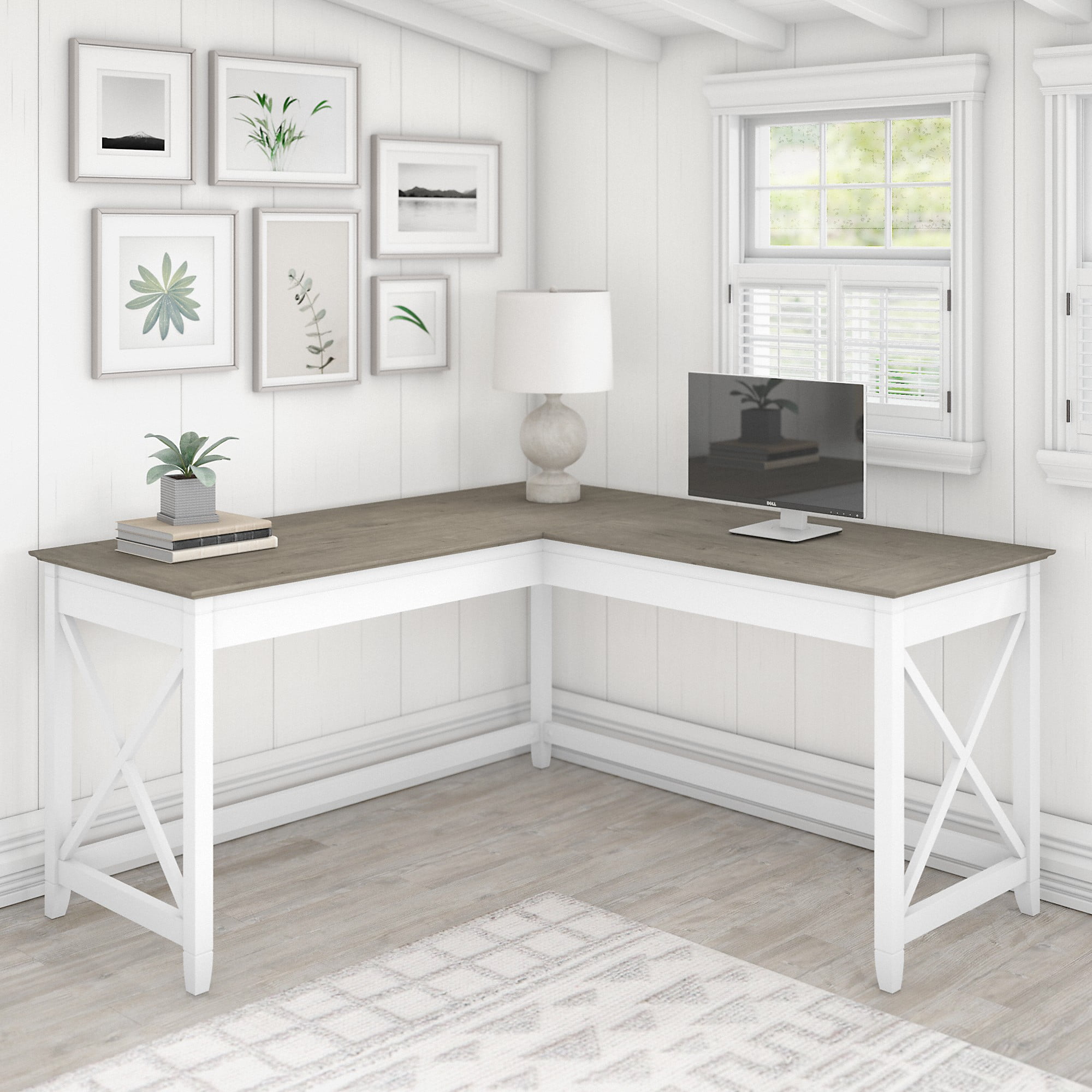 Bush Furniture Key West Corner Computer Desk 60 L Shaped in Pure White Shiplap Gray Walmart