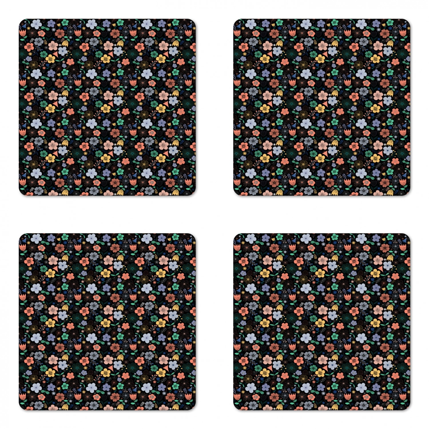 Floral Coaster Set of 4, Spring Season View of Various Flowers and ...