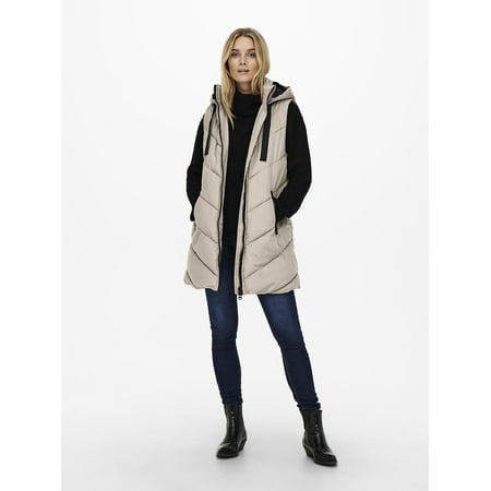 JDY Women Winter Quilted Vest SKYLAR Long Basic Sleeveless Hooded ...