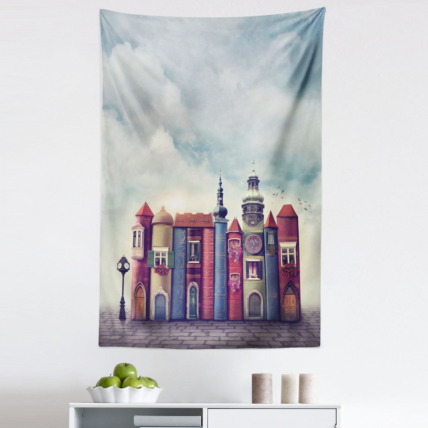 Fantasy Tapestry, City with Old Books Style Buildings Birds and Cloudy ...