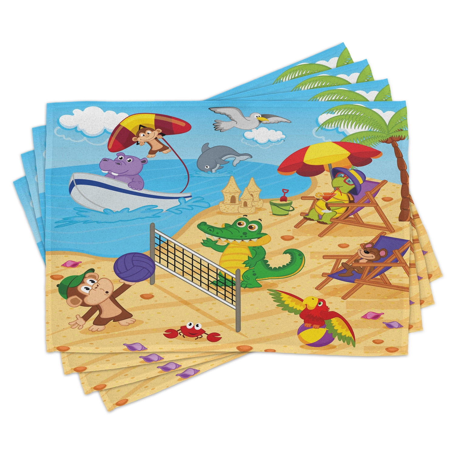 Ambesonne Animal Place Mats Set of 4, Cartoon Animals on Beach ...