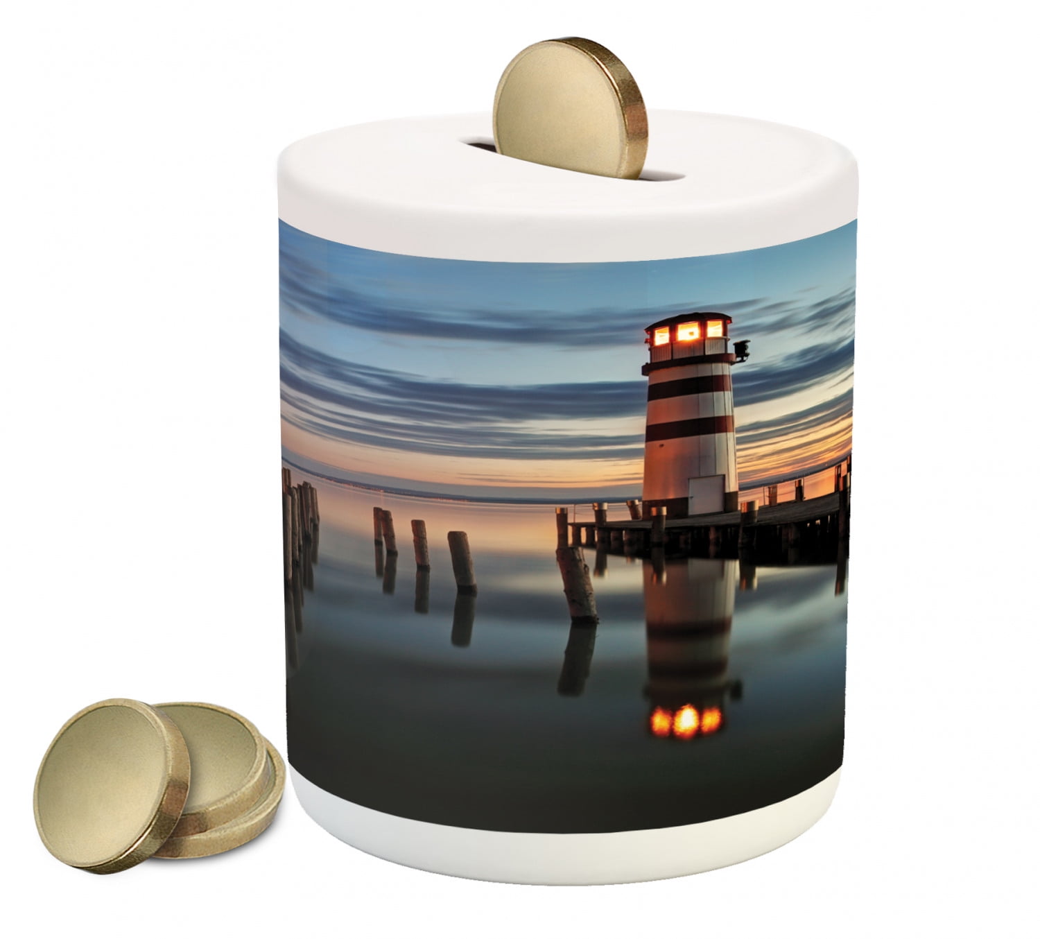 Lighthouse Piggy Bank, Calm Dusk at Bay Lighthouse and Wooden Boardwalk ...