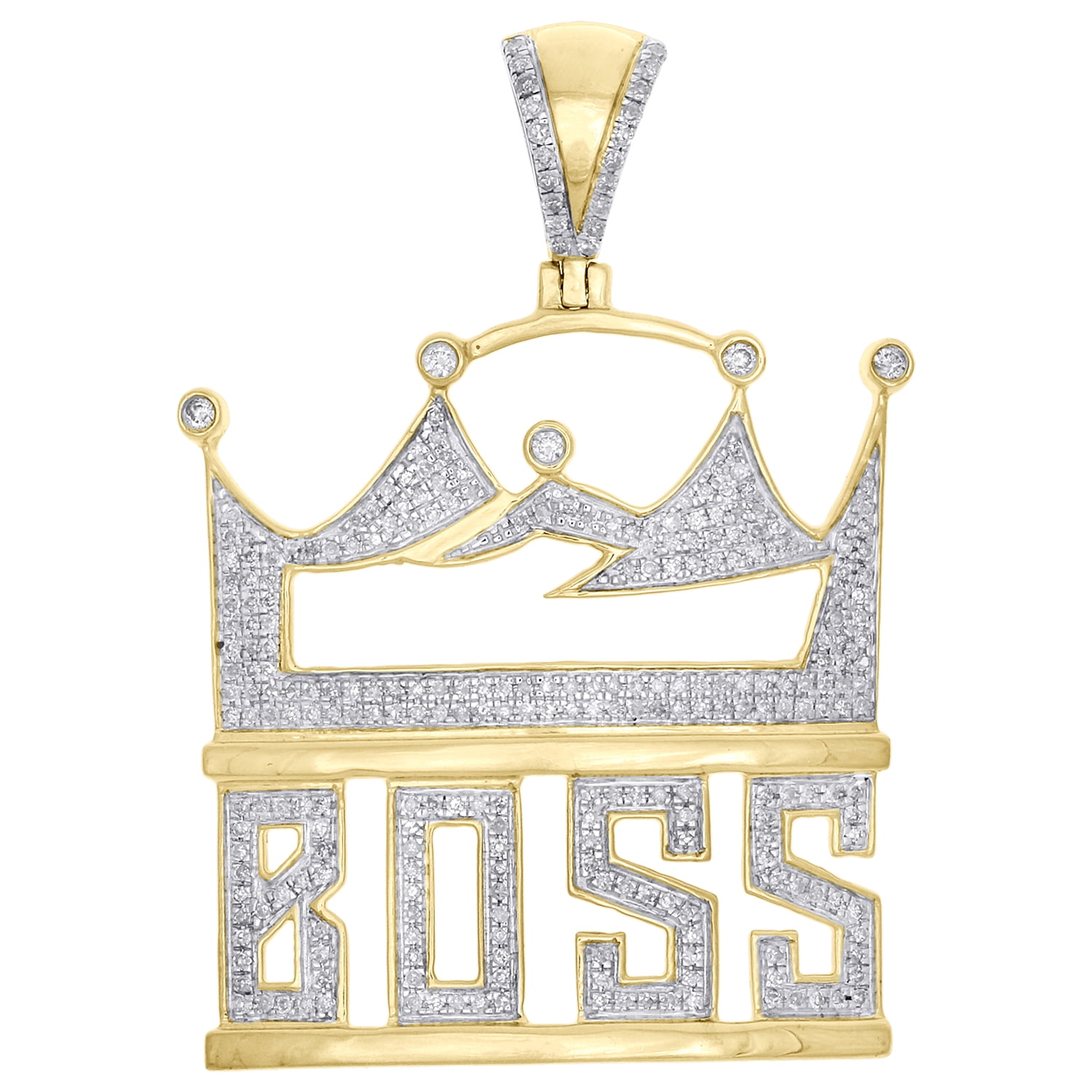 Mens 10K Yellow Gold King Crown Hat BOSS Diamond Pave Pendant 2" Charm ...