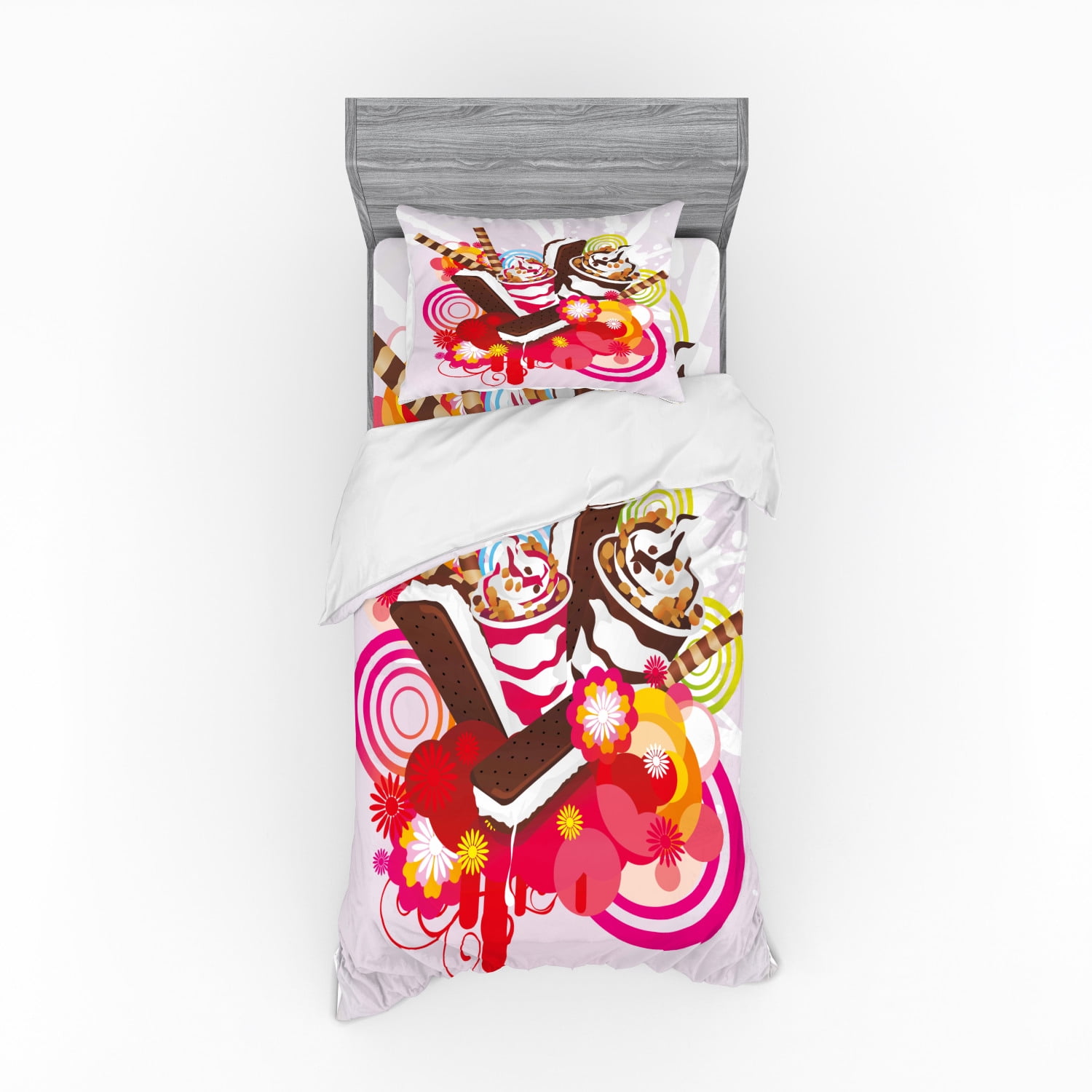 Ice Cream Duvet Cover Set, Mixed Yummy Desserts with Exotic Flowers and ...