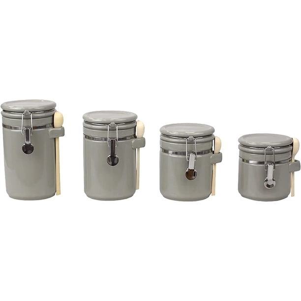 4 PC Ceramic Canister Set with Air-Tight Clamp Top Lid & Wooden Spoons ...