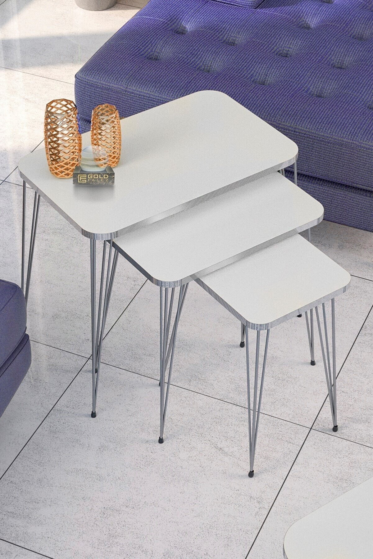 White Nesting Coffee Table with 3-Rod Metal Legs,Rectangular Set of 3 ...