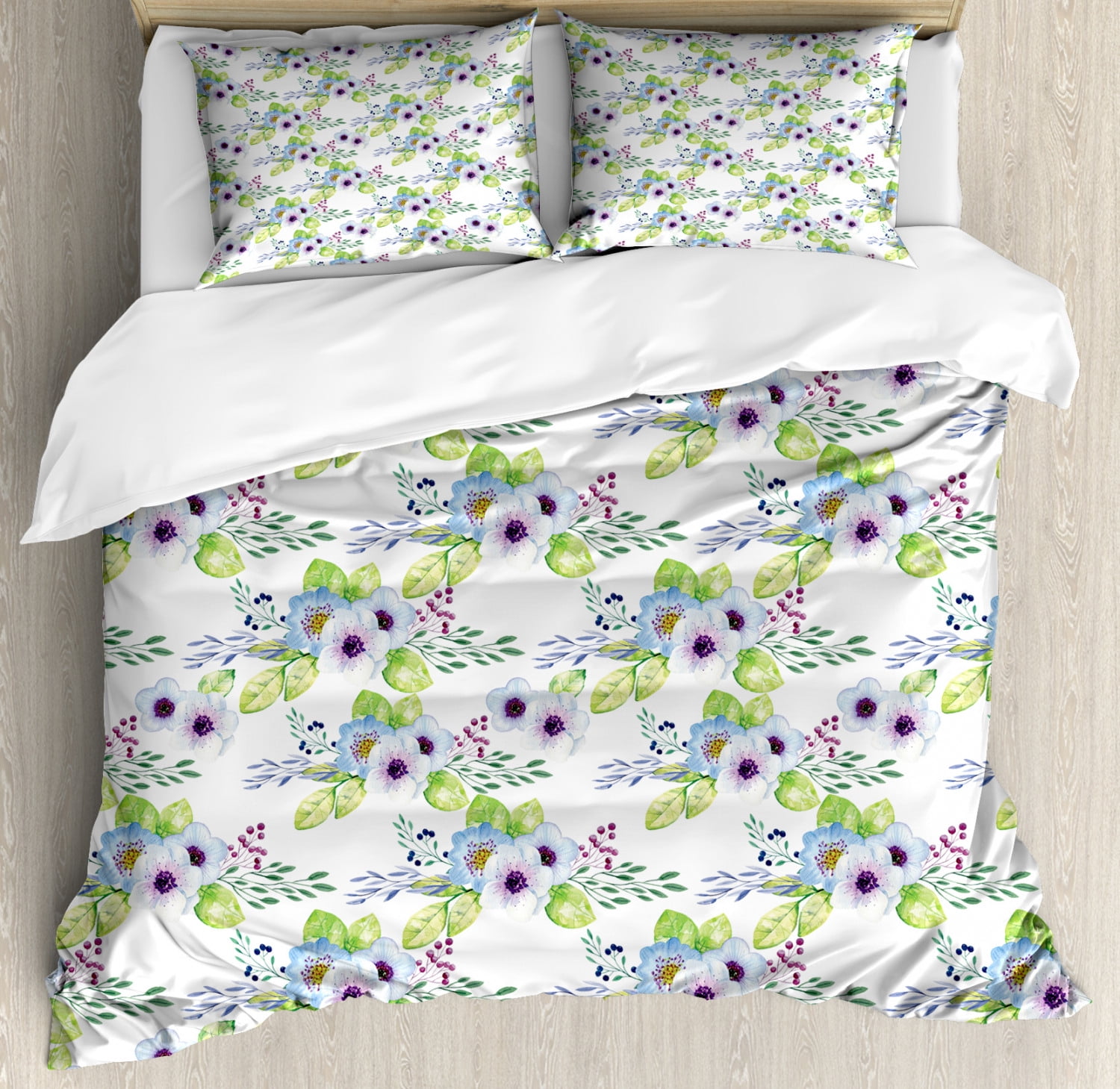 Garden Art Duvet Cover Set King Size, Watercolor Floral Arrangement in ...