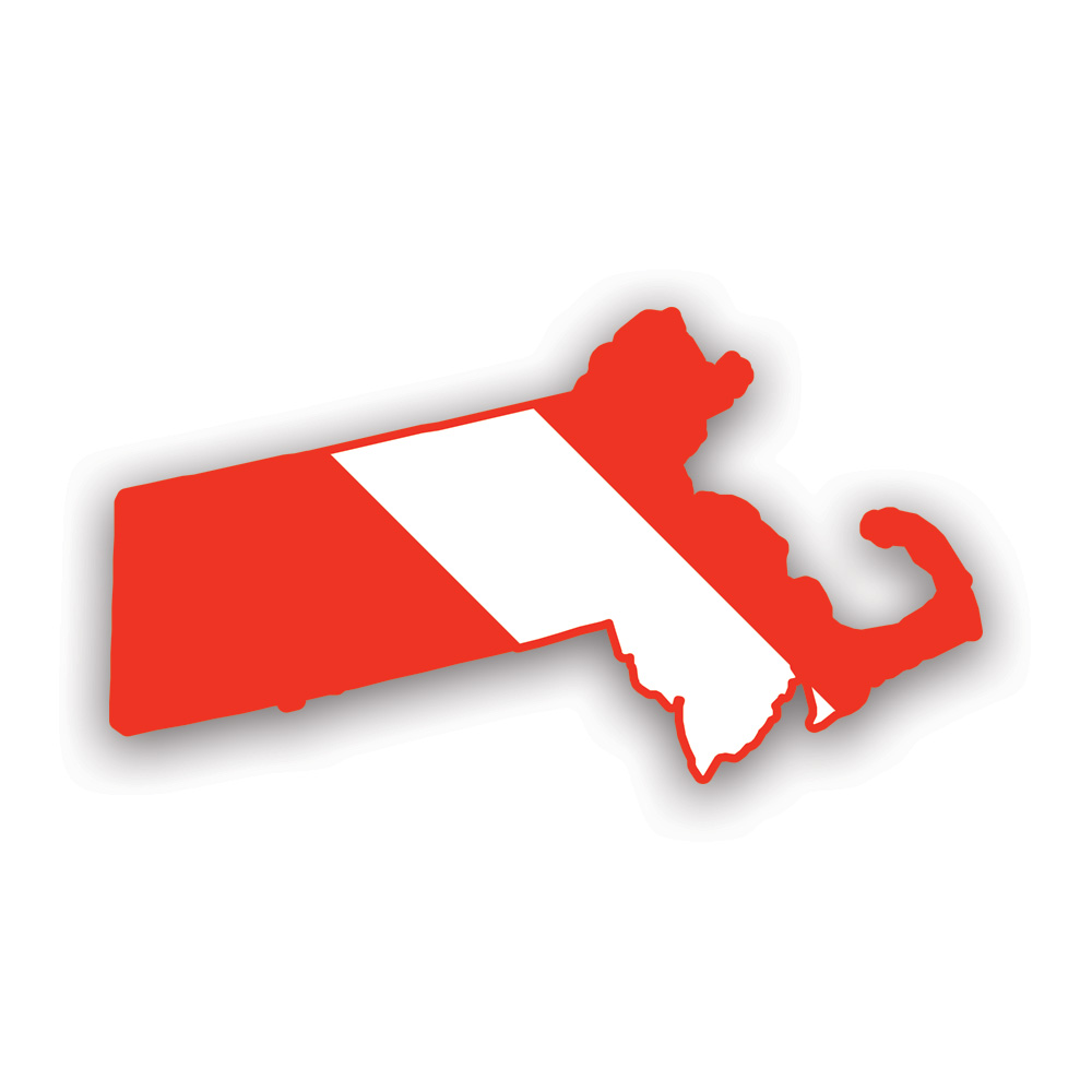 Massachusetts State Shaped Diver Down Sticker Decal - Self Adhesive Vinyl - Weatherproof - Made ...