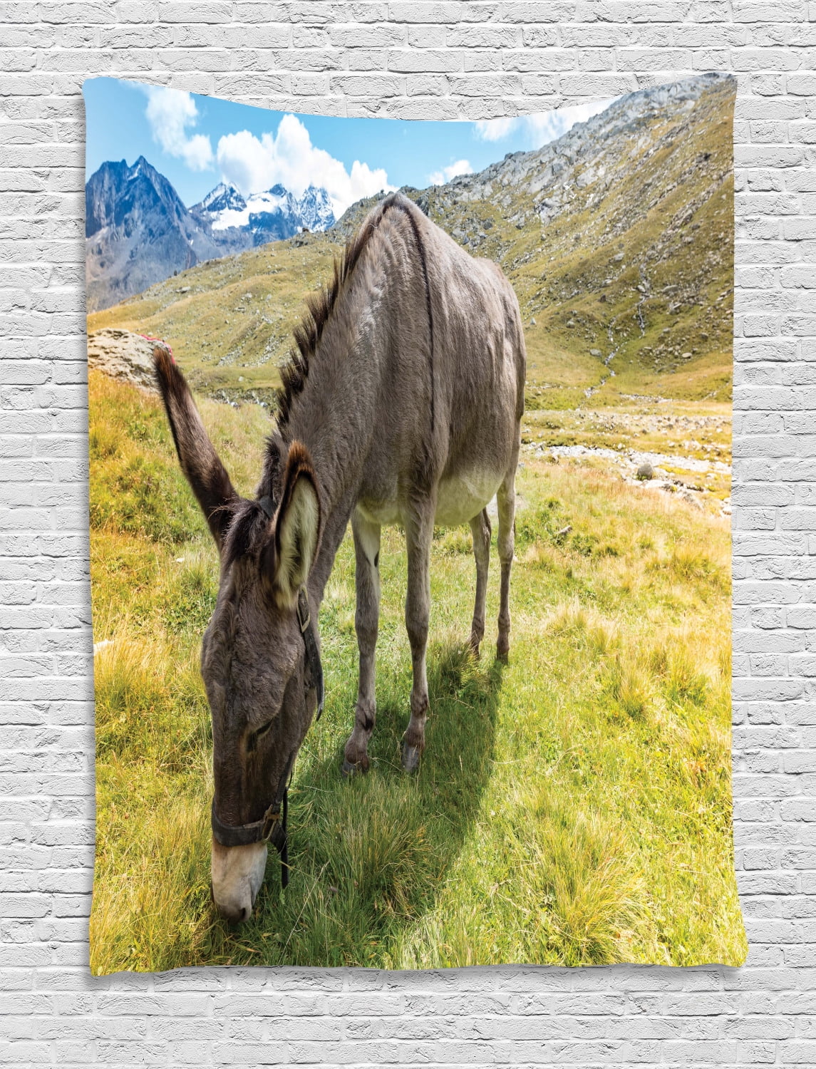 Donkey Tapestry, Cute Donkey Eating Grass in Mountain Landscape Rural ...