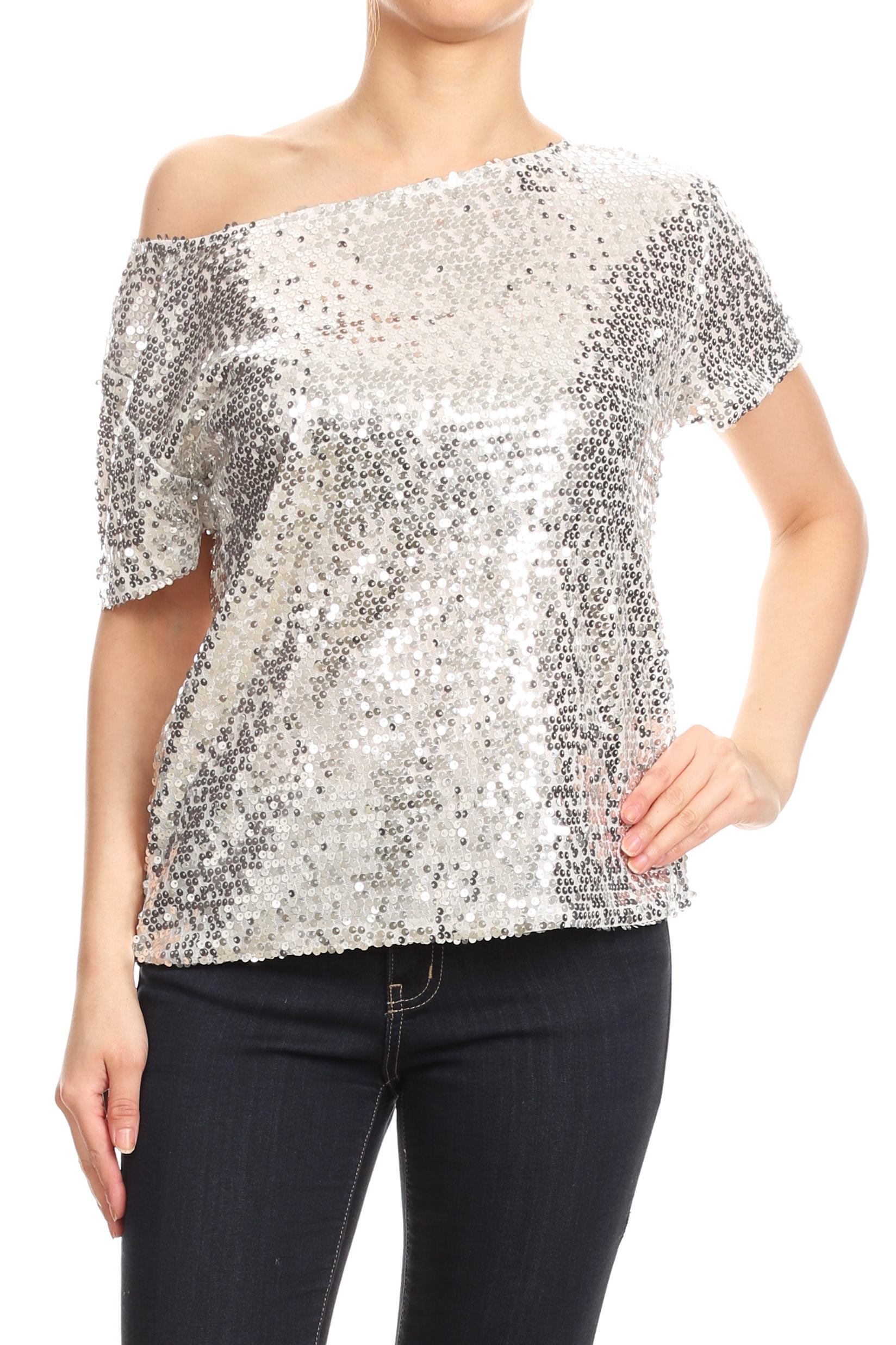 Womens Off-shoulder Sexy Blouses Loose Shirt Tops Glistening Sequin ...