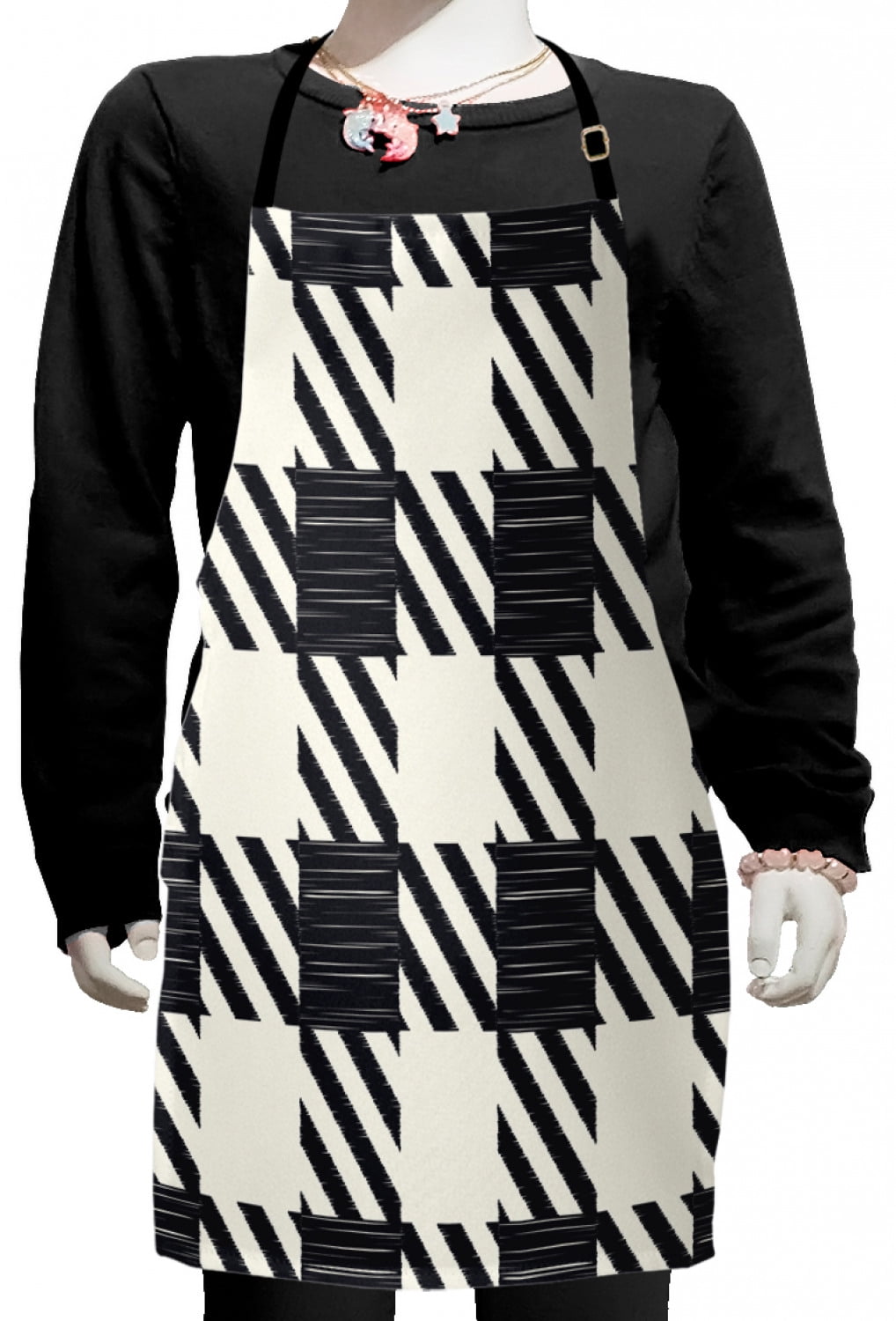 Checkered Kids Apron, Diagonal Stripes and Squares Monochrome Sketchy ...