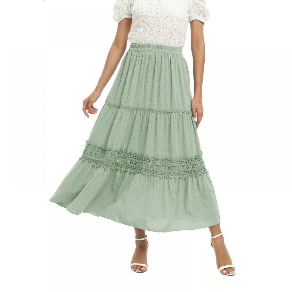Women's Tiered Long Skirt Boho Solid Color Elastic High Waist Skirt ...