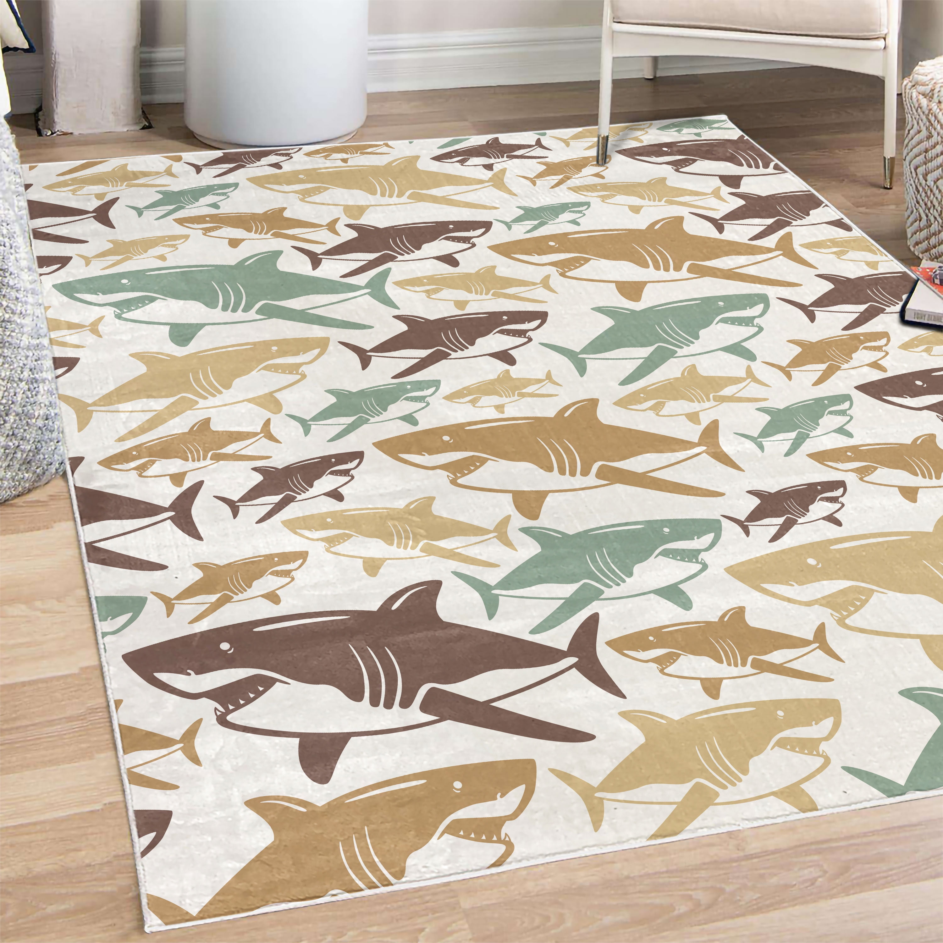 Shark Decorative Rug, Colorful Underwater Fish Pattern Masters Survival ...