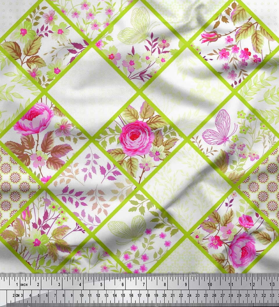 Soimoi Modal Satin Fabric Leaves,Floral & Check Patchwork Print Fabric ...