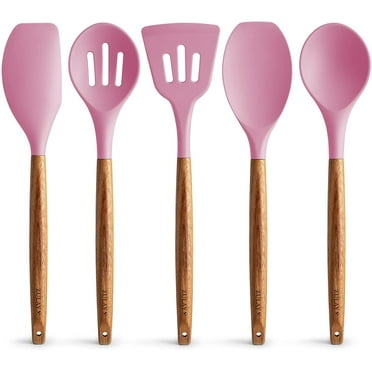 Zulay Kitchen Non-Stick Silicone Utensils Set with Acacia Wood Handles ...