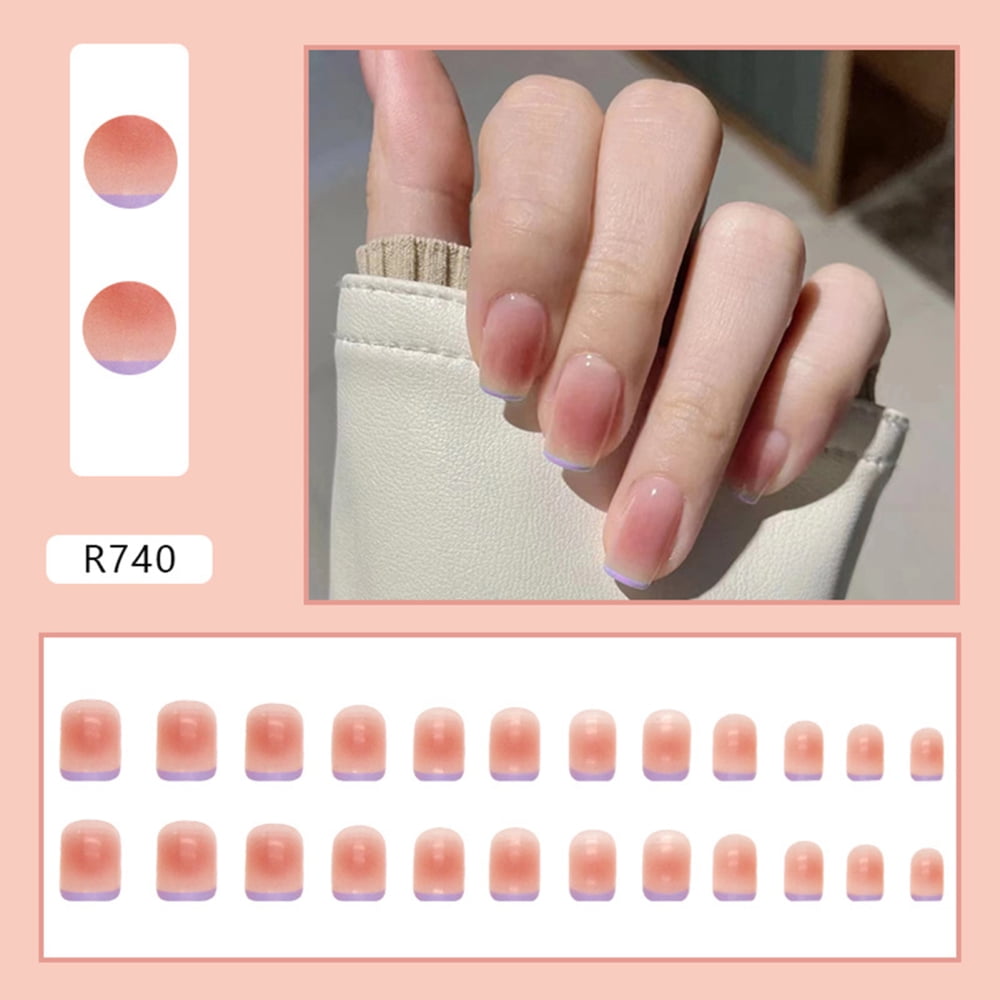 Lavender French Edge Fake Nails Pink Press on Nails Short Square Fake ...