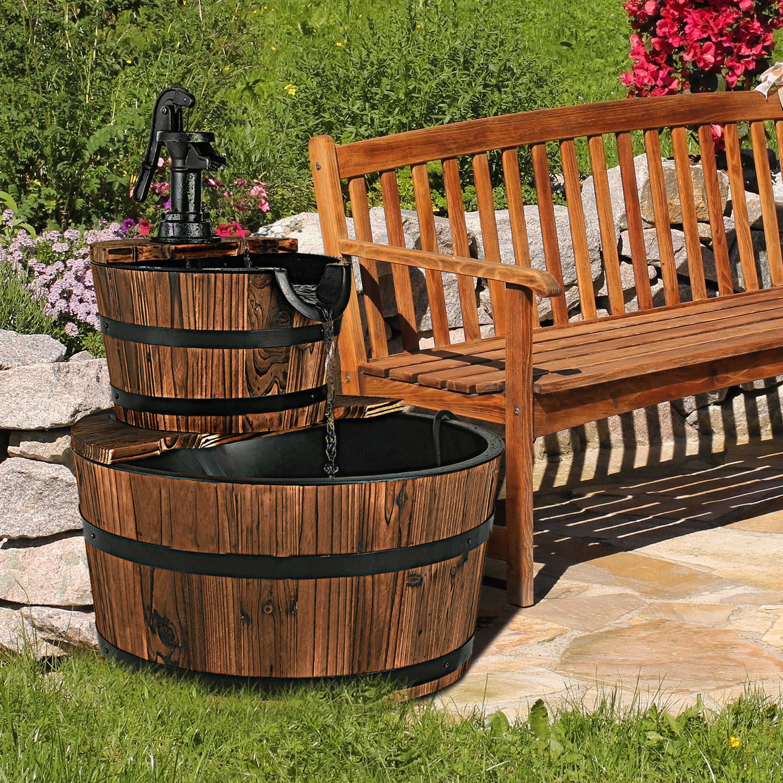 Topbuy 2-Tier Barrel Waterfall Rustic Fountain Barrel Wooden Water ...