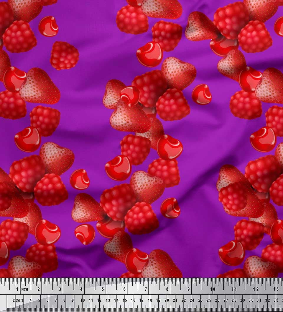 Soimoi Satin Silk Fabric Raspberry,Strawberry & Cherry Fruits Print ...