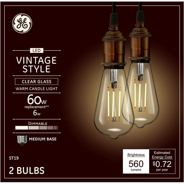 GE Vintage Style LED Edison Light Bulbs, Clear Glass, Warm Candle Light, ST19 Bulb, 2pk ...