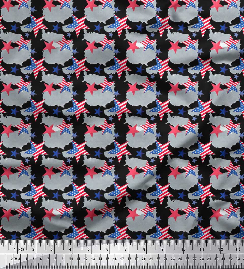 Soimoi Black Rayon Crepe Fabric Brush Stroke,Usa Flag & Star Printed ...