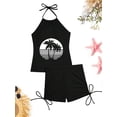 Black Halter Neck Tankini Set With Palm Tree Graphic & Ruched ...