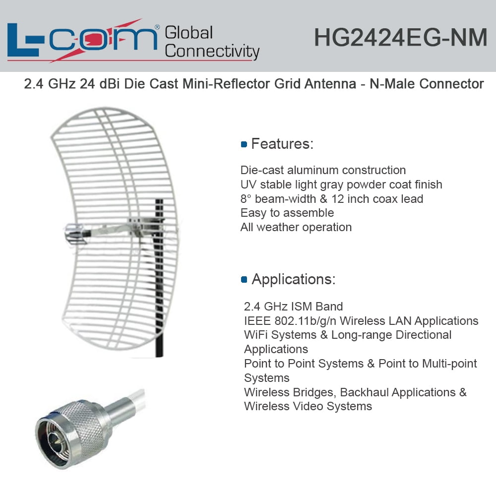 L-Com HG2424EG-NM - 2.4 GHz 24 dBi Die Cast Mini-Reflector Grid Antenna ...