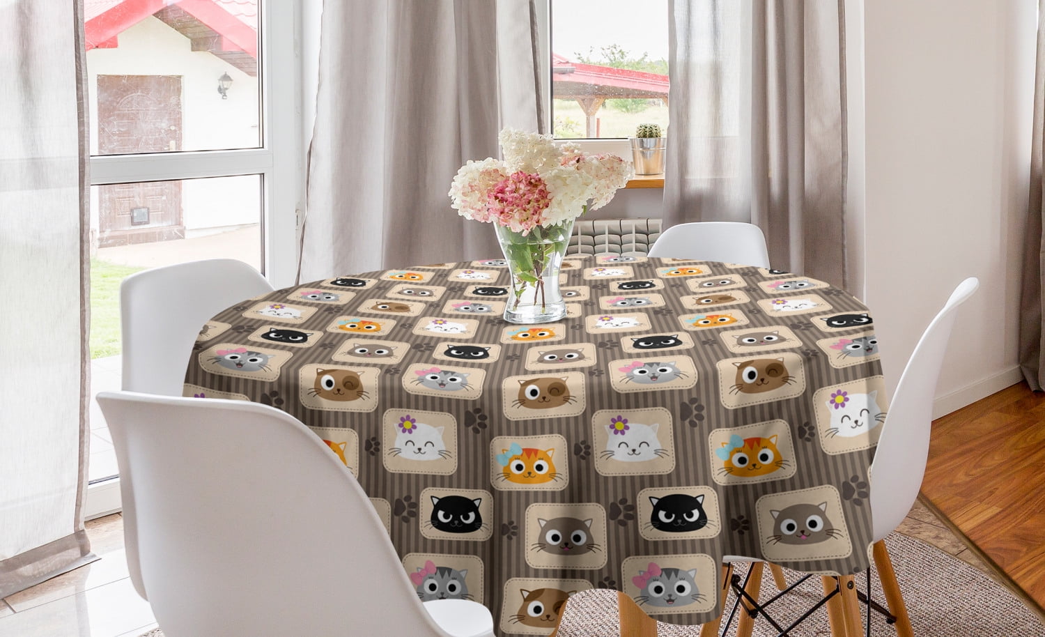 Cat Round Tablecloth, Patchwork Inspired Pattern Kitty Faces Silly ...
