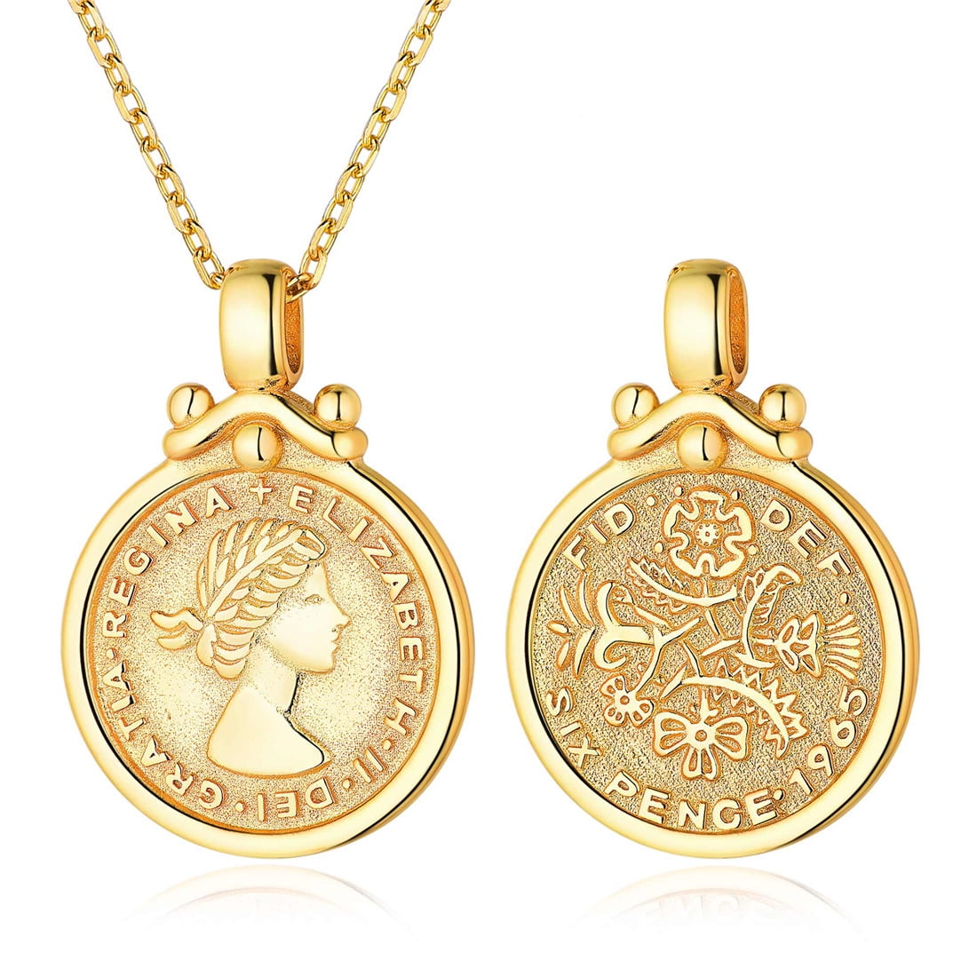 Gold Coin Pendant Necklace 18K Gold Plated Elizabeth Coin Medallion ...