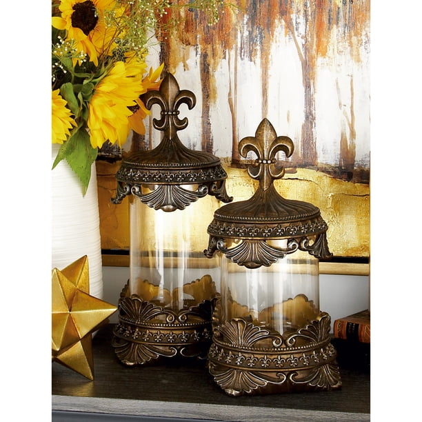 DecMode 7" x 17" Brass Polystone Canisters with Fleur De Lis Lids, 3 ...