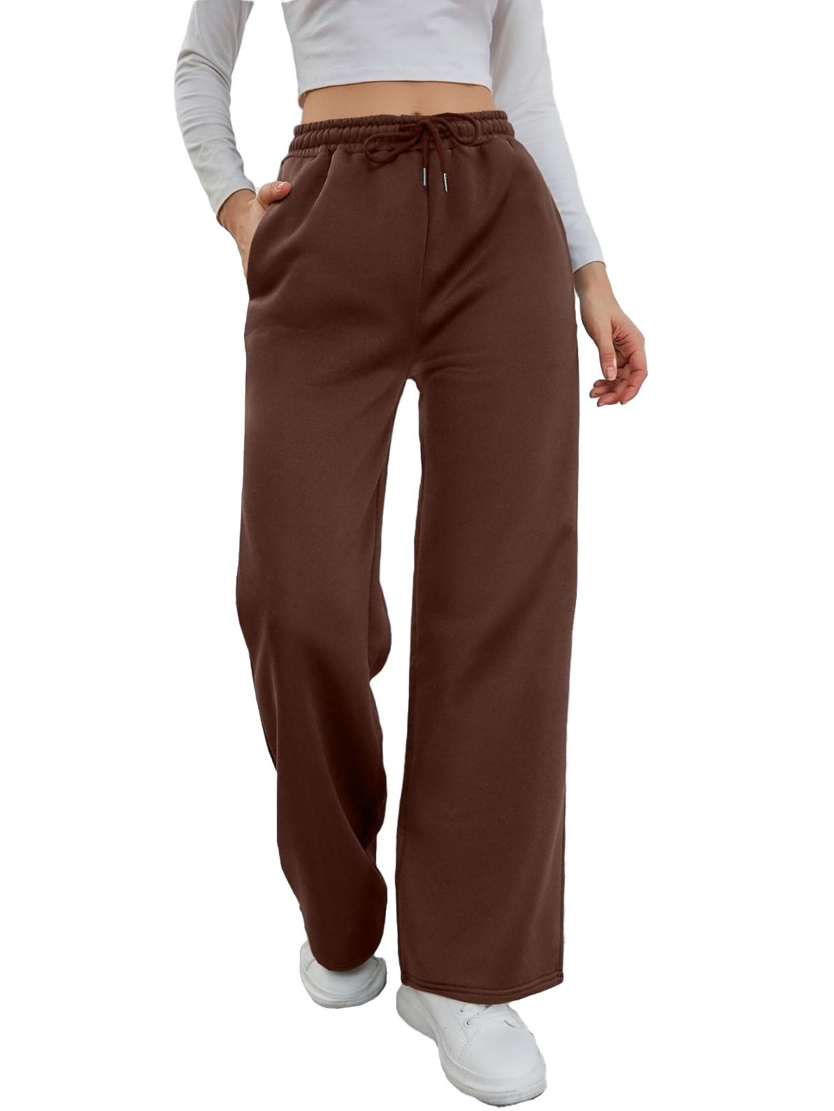 Womens Drawstring Waist Sweatpants Plain Long Loose Coffee Brown XS ...