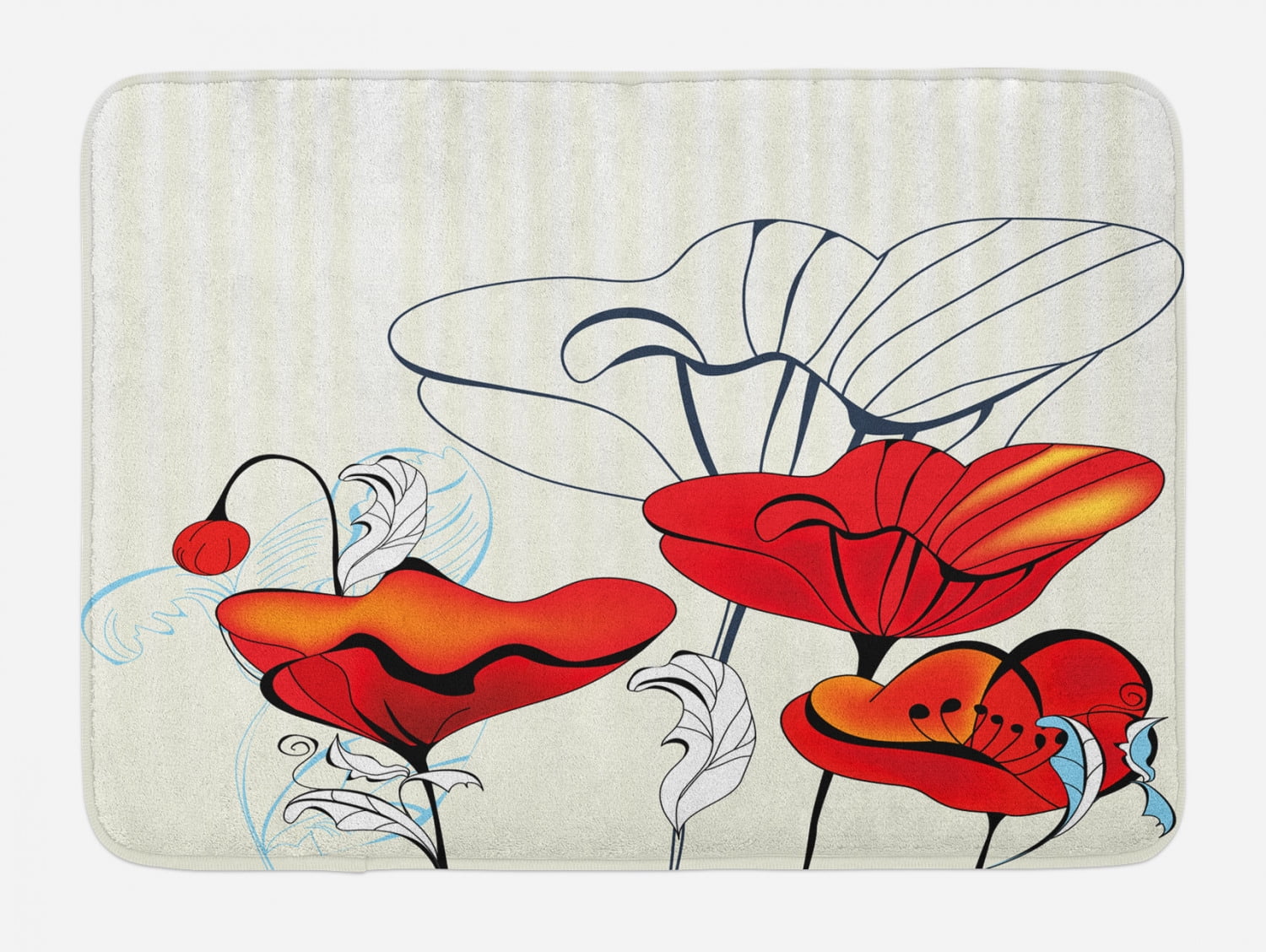 Poppy Bath Mat, Artistic Florets and Buds with Curly Leaves and Red ...