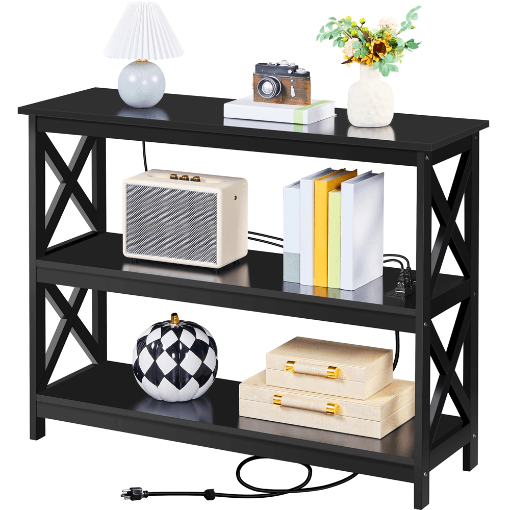 Yaheetech 3-Tier Wooden Console Table with Power Outlet, Black ...