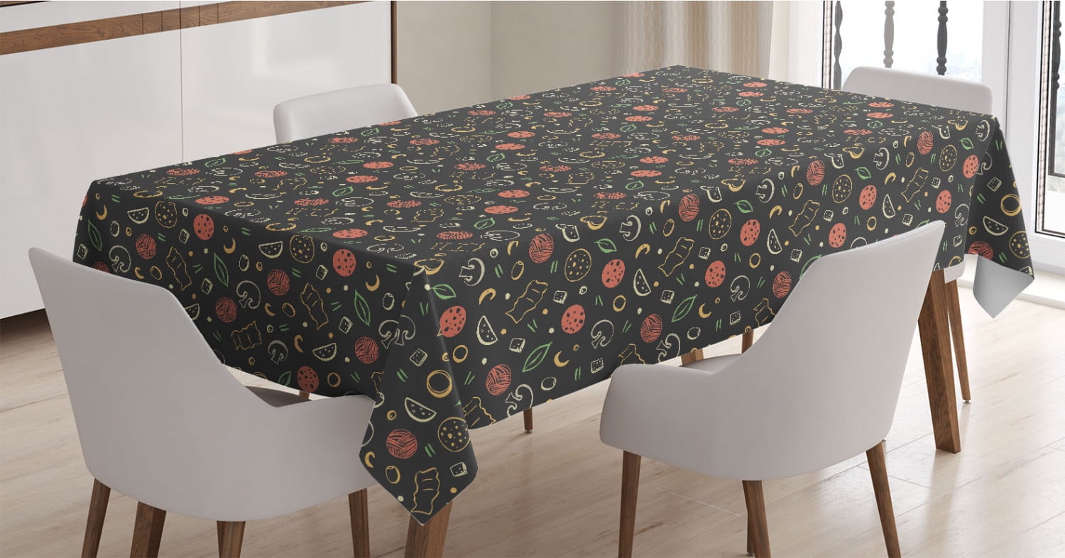 Cartoon Tablecloth, Sketches of Pizza Ingredients Yummy Food Theme ...