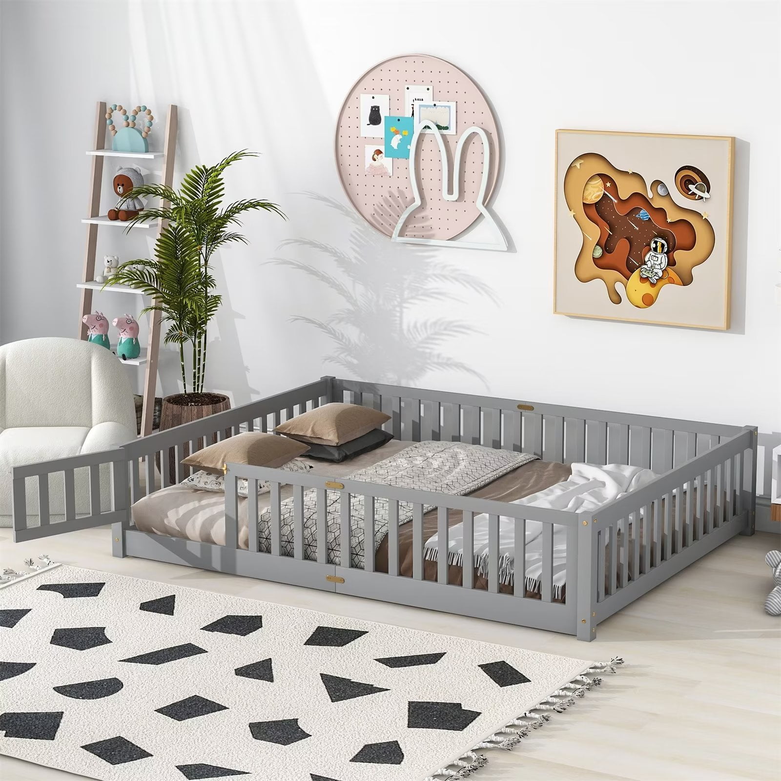 Queen Size Floor Bed, Solid Pine Wood Platform Bed Frame with Fence ...
