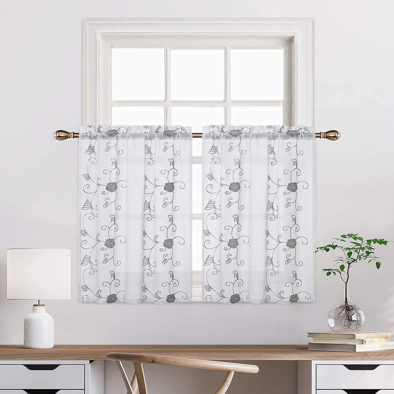 GymChoice Short Sheer Tier Curtains for Small Window,Floral Embroidered ...