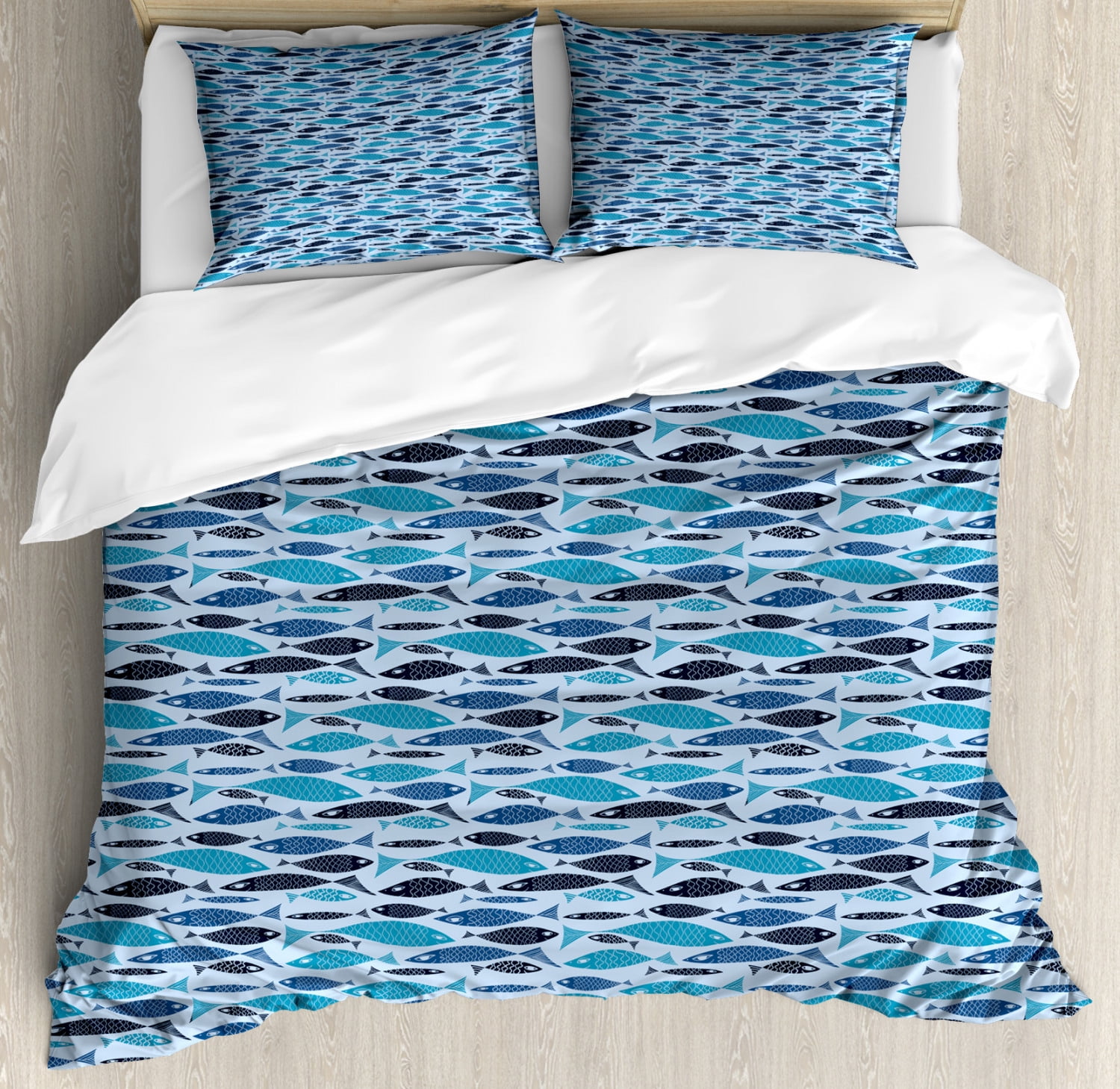 Fish Duvet Cover Set Queen Size, Underwater Fauna in Blue Shades ...