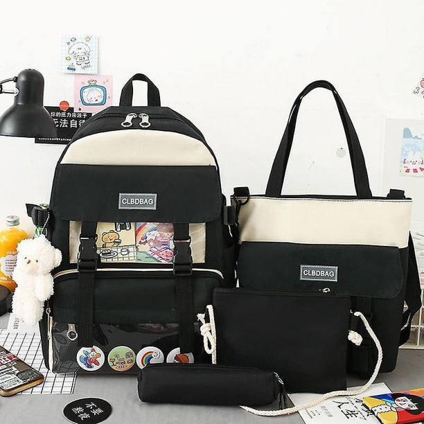 School student backpack college bookbag travel bag canvas four-piece ...