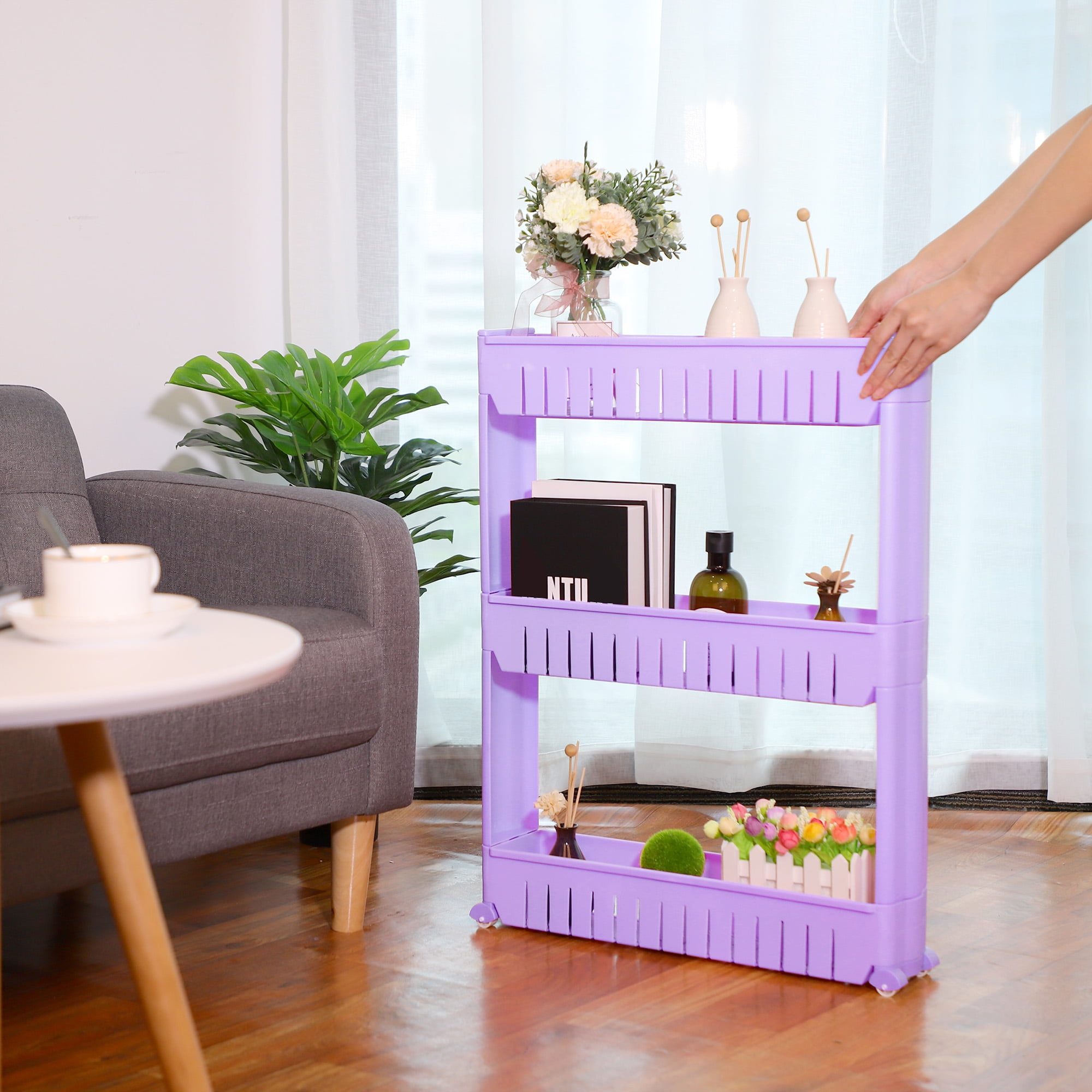 Slim Gap Storage Organizer Rack Shelf with Wheels, 3 Tiers Storage Rack ...