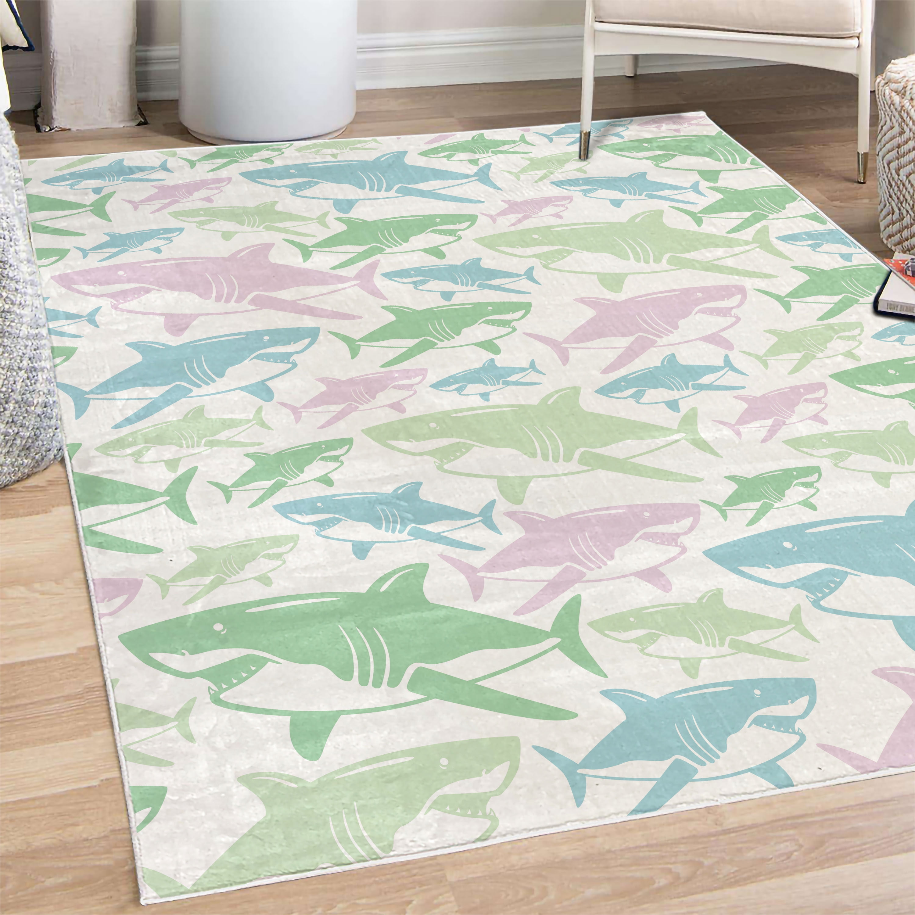 Shark Decorative Rug, Colorful Underwater Fish Pattern Masters Survival ...