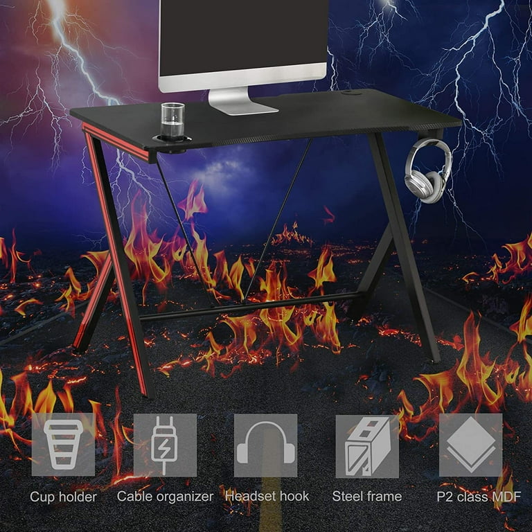 Bilot 41 inch Gaming Computer Desk Home Office Gamer Table Workstation with Cup Holder Headphone Hook Cable Management Carbon Fiber Surface