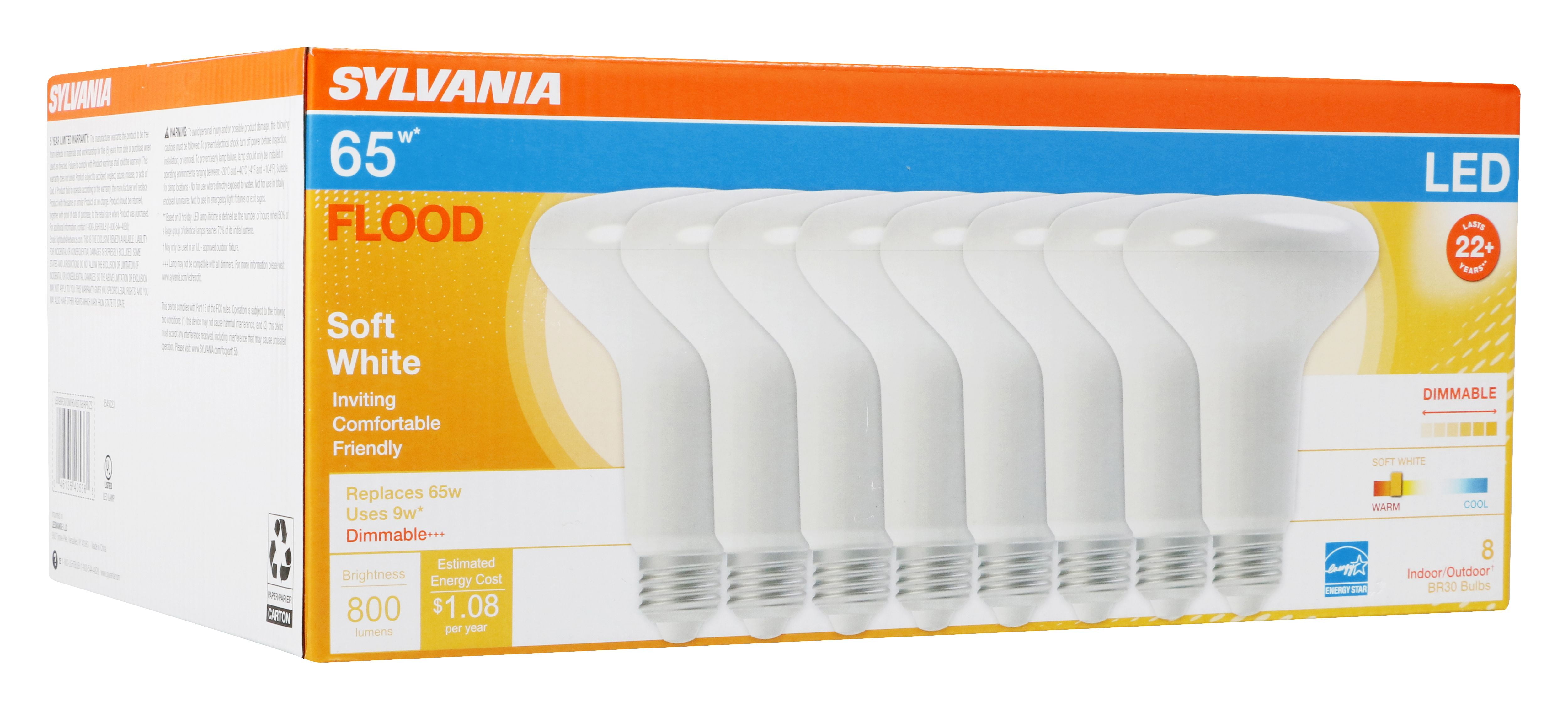 Sylvania LED BR30 Light Bulb, 65 Watt, Dimmable, Soft White, 8 Pack ...
