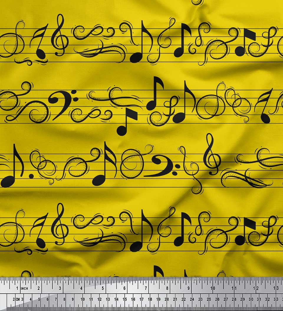 Soimoi Yellow polyester Crepe Fabric Notes Musical Instrument Print ...